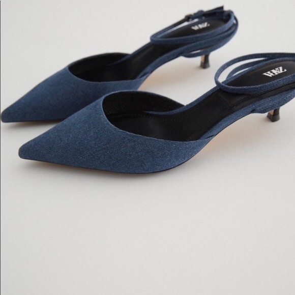 Zara | Shoes | Zara Denim Tile Blue Kitten Heel Shoes | Poshmark